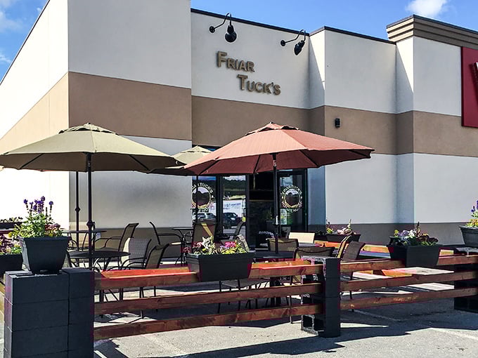 Friar Tuck's inviting patio and colorful umbrellas &ndash; where sandwich quests end happily in Fairbanks' summer sunshine.