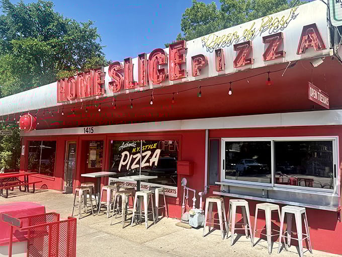 Home Slice's cherry-red exterior on South Congress is as iconic as the Austin skyline itself.