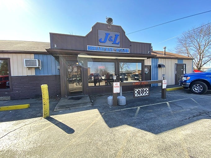J&L Breakfast House's blue sign promises exactly what you'll get&mdash;morning classics served with no pretense and plenty of coffee.