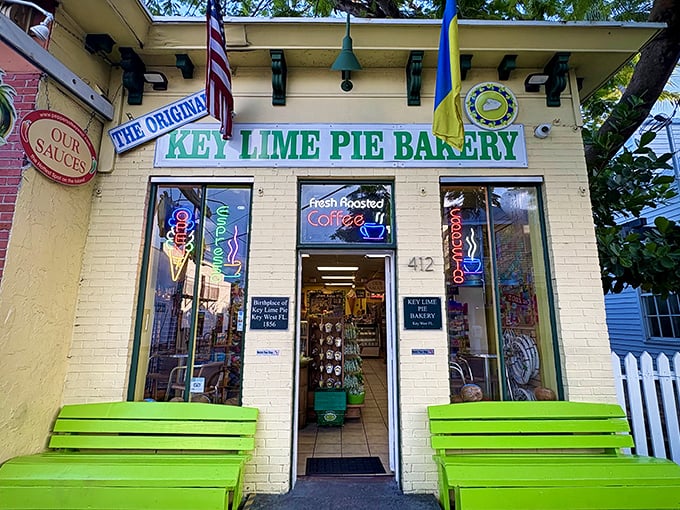 The Original Key Lime Pie Bakery's bright facade and lime-green benches&mdash;subtle hints about what they do best.
