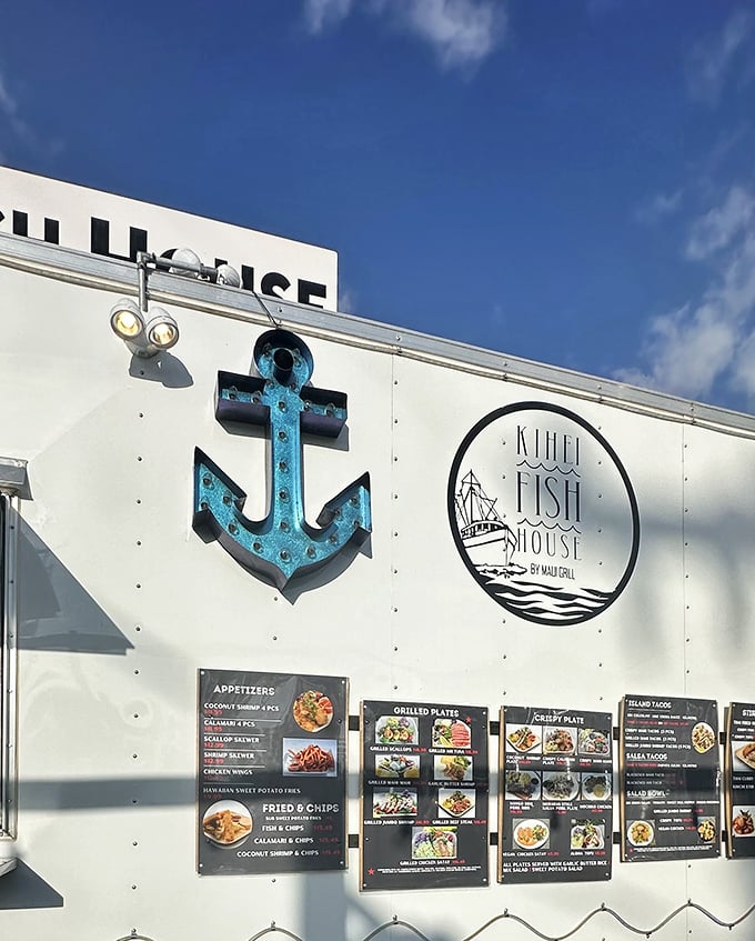 Seafood treasure map! This white vessel doesn't need to sail&mdash;its anchor-adorned side displays a menu worth diving into headfirst.