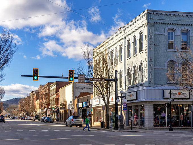 Lock Haven's historic downtown buildings stand proud against blue skies, offering affordable living wrapped in architectural elegance from a bygone era.