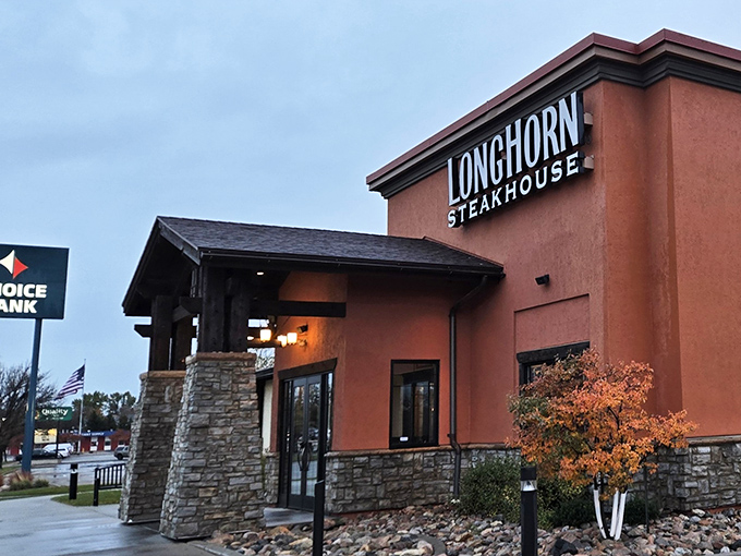 LongHorn Steakhouse: Even with snow on the ground, that warm terracotta exterior promises a cozy refuge where great steaks await.