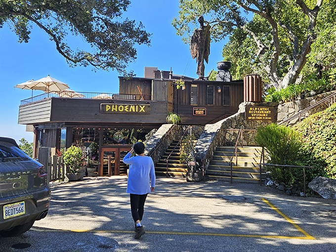 Nepenthe perches dramatically on the Big Sur cliffs like a wooden ship sailing above the Pacific.