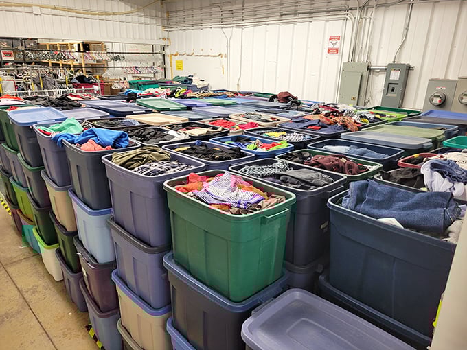 These neatly stacked bins at Overflow Thrift Store represent the organized chaos that makes thrifting so addictive.