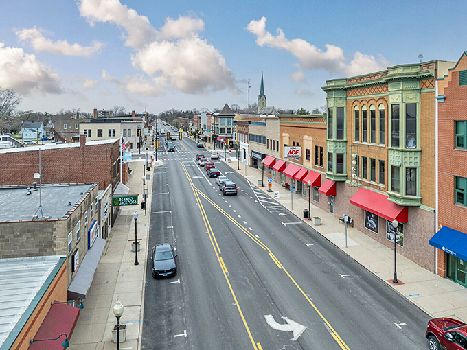 Peru's downtown vista captures that perfect small-town skyline where church steeples still stand taller than most other buildings.