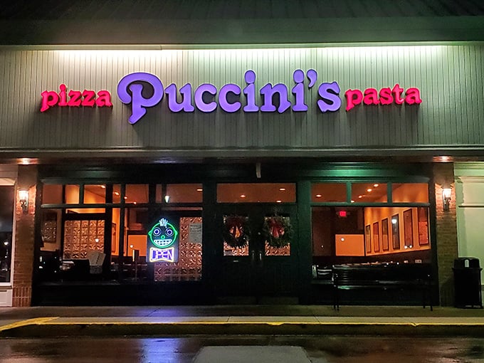 Purple neon promises and Italian dreams come true behind this welcoming strip mall entrance.