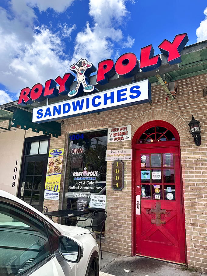 A bright red door that practically shouts "delicious sandwiches live here" to hungry passersby everywhere.