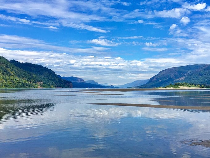 The mighty Columbia cuts through ancient rock at Rooster Rock. Lewis and Clark would still recognize this timeless landscape.