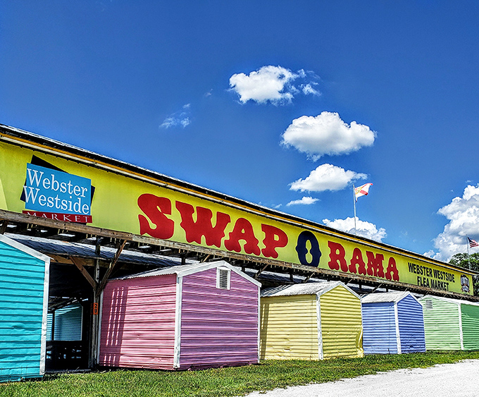 Rainbow-hued vendor sheds under perfect Florida skies. Swap-O-Rama's colorful approach to commerce makes bargain hunting feel like a carnival.