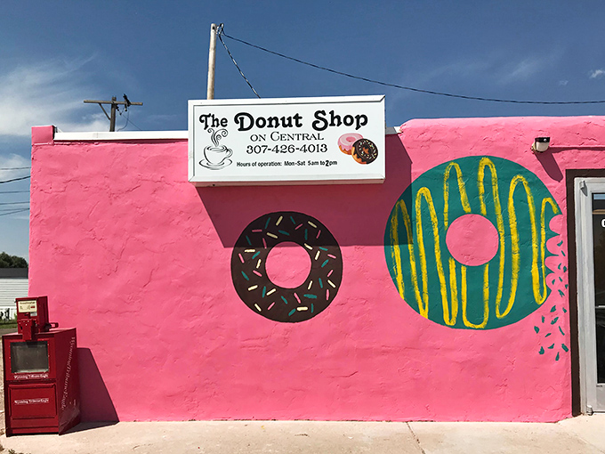 The Donut Shop's pink wall with painted donuts is like a dessert mirage in downtown Cheyenne.