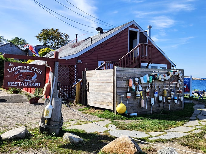 The Lobster Pool's rustic red building welcomes hungry visitors. That simple sign promises unfussy, perfectly prepared treasures from the sea.