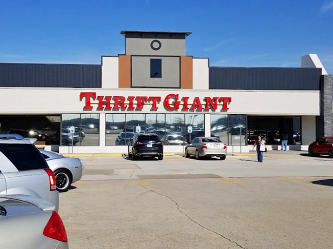 This Thrift Giant's contemporary architecture stands out with its distinctive clock tower design. Modern building, vintage prices!