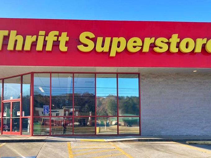 The Thrift Superstore's bold red signage against clear blue skies - like a beacon calling all bargain hunters.