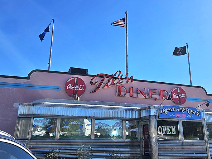 Tilt'n Diner's pink and chrome exterior screams "1950s breakfast perfection" from every gleaming surface and flowing curve.