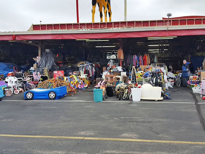 Bargain city under the big red roof! This sprawling outdoor vendor space transforms ordinary parking lots into extraordinary treasure hunting grounds.