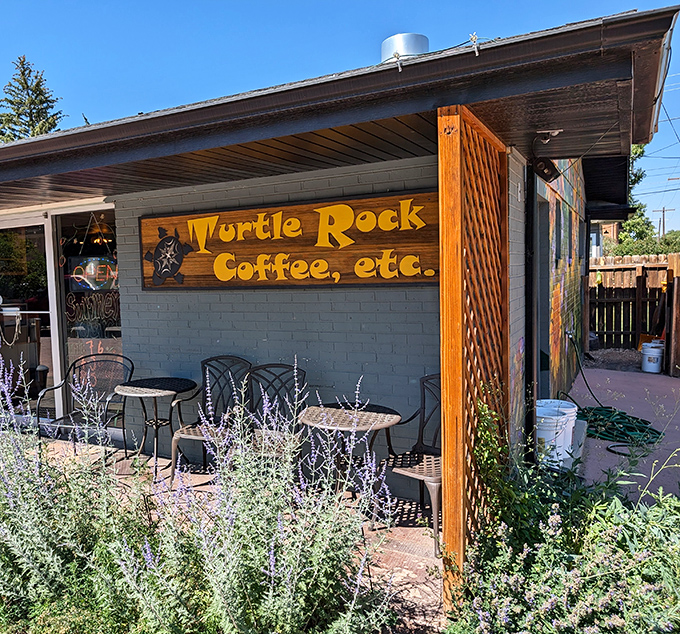 Turtle Rock's wooden sign and cozy patio create the perfect spot to nurse a coffee while contemplating life's great mysteries&mdash;like ordering seconds.