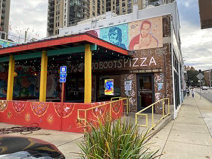 Two Boots brings a carnival of color to Nashville's food scene. Those vibrant murals are just a preview of the creative pizzas waiting inside.