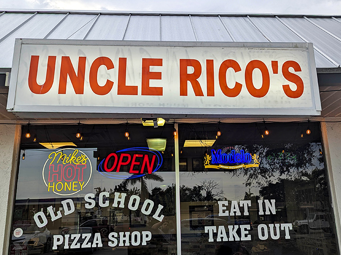 Uncle Rico's bold orange "OLD SCHOOL PIZZA SHOP" sign tells you exactly what to expect&mdash;classic pies that would make your Italian grandmother weep.