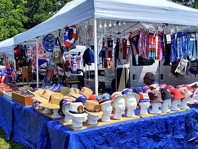 Stars, stripes, and shopping! This patriotic vendor offers everything from straw hats to campaign merchandise under a sea of red, white, and blue.
