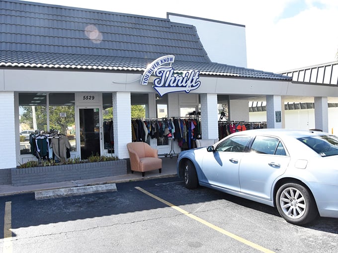 "You Never Know" is right! This charming storefront with its distinctive roof promises delightful surprises inside. Thrifting with character!