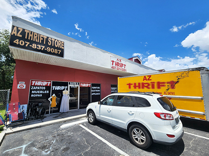 Multilingual and multicultural, AZ Thrift's yellow delivery truck hints at fresh inventory arriving regularly.
