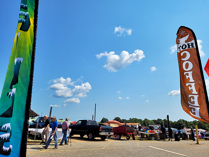 Colorful flags flutter in the breeze, beckoning shoppers to explore this massive marketplace of possibilities.