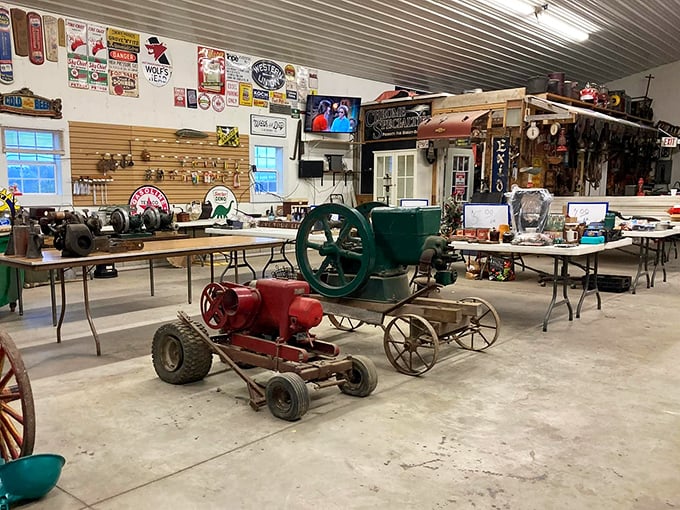 Vintage farm equipment and antique displays showcase the rich history hidden in every corner of this market.