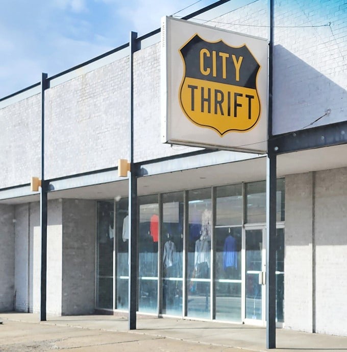 The clean white storefront of City Thrift belies the colorful chaos of treasures within. Like finding a speakeasy of savings!