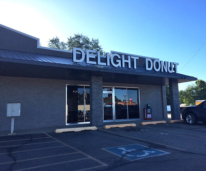 Morning light on Delight Donut &ndash; where the blue-gray exterior gives no hint of the colorful flavor explosion waiting inside.
