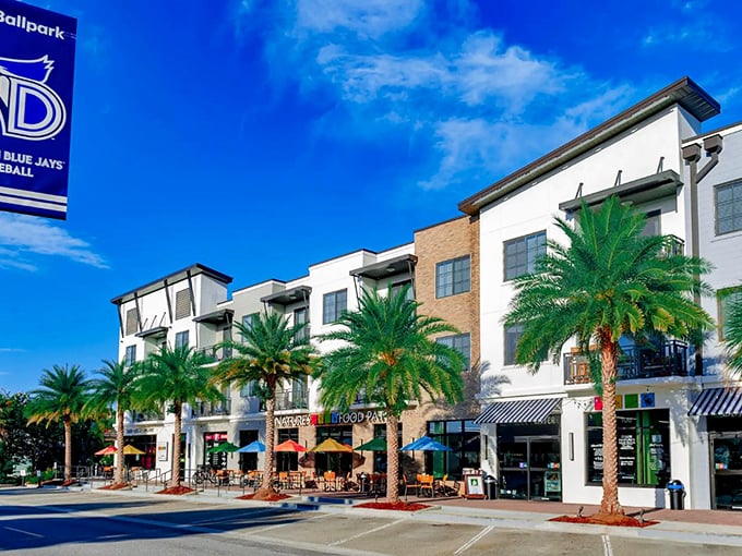 Palm trees line the modern streets of downtown Dunedin, where caf&eacute;s, boutiques, and coastal charm create a vibrant Florida atmosphere near the Blue Jays&rsquo; spring training ballpark.