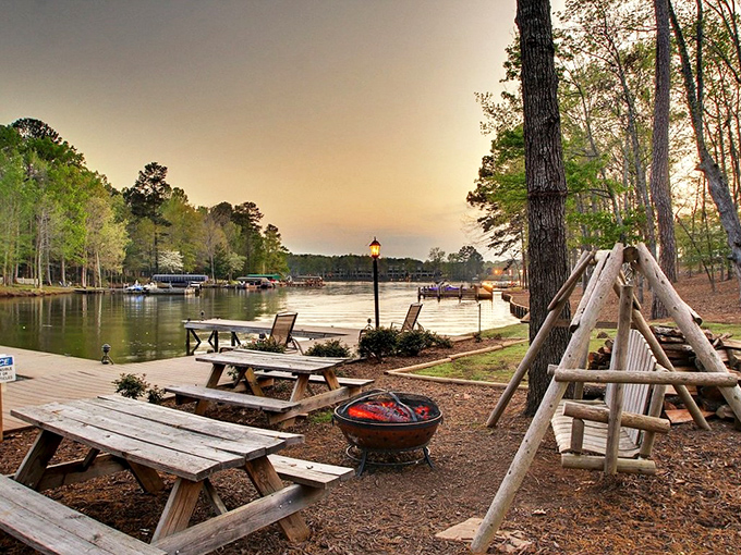 Sunset by the lake in Eatonton&mdash;where picnic tables and fire pits prove the best amenities don't come with monthly maintenance fees.