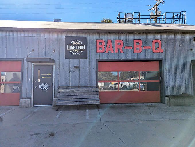 The metal exterior of Edge Craft Barbecue looks like a factory&mdash;which it is, if you consider happiness a manufactured product.