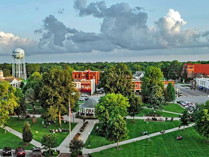 The town square gazebo anchors Fairfield like a beloved gathering spot where community spirit grows stronger than Iowa corn.