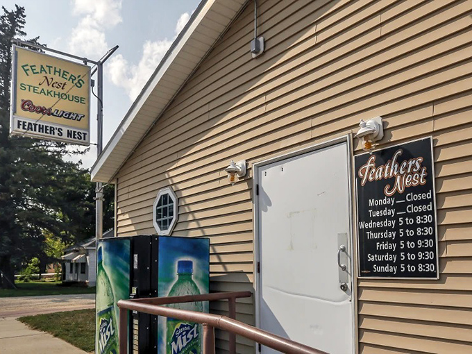 The modest sign and simple exterior are Feather's Nest's way of saying, "We let our steaks do the talking."