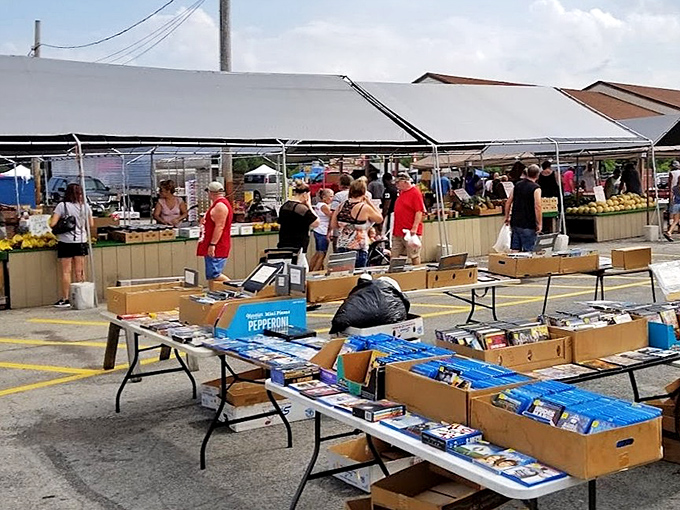 Boxes of memories waiting to be discovered! Four Seasons' outdoor market combines fresh produce with vintage treasures for the ultimate shopping experience.