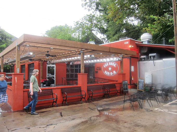 The covered patio at Fox Bros invites you to settle in for a serious meat session &ndash; rain or shine, the BBQ must go on!