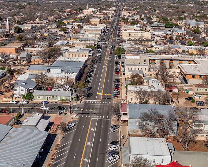 This bird's-eye view shows a town that perfectly balances Hill Country charm with European flair. 