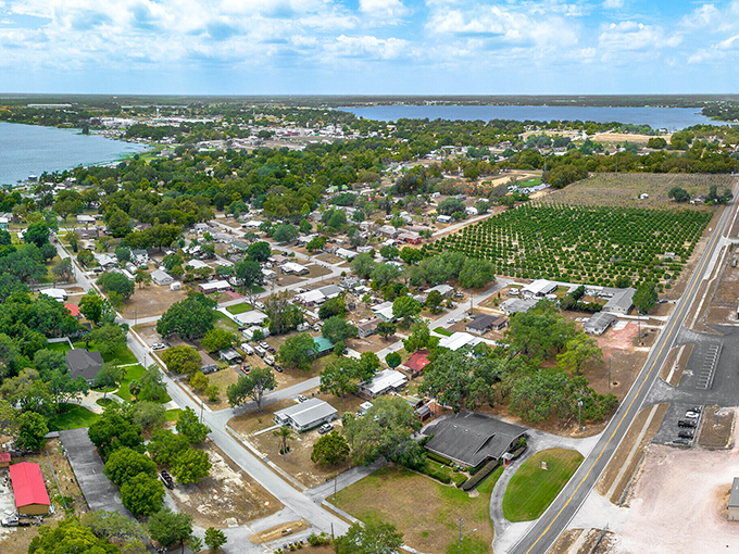 From this vantage point, you can see how Frostproof nestles between sparkling lakes, offering waterfront living without coastal price tags.