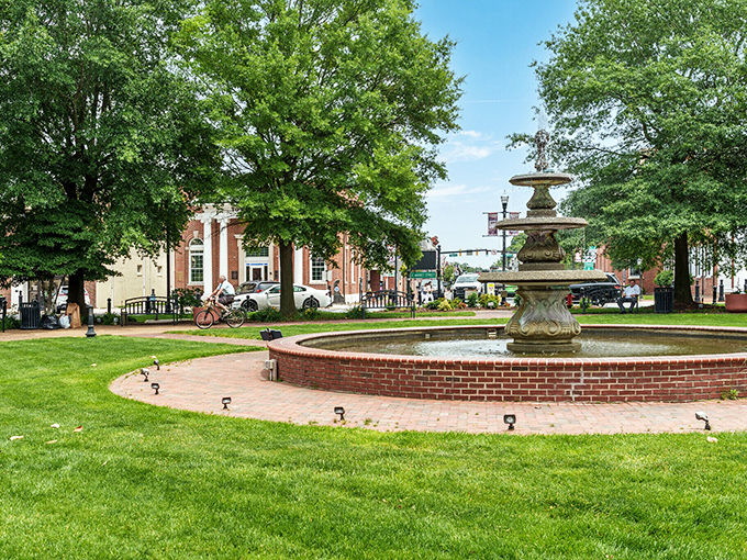 Classic fountain and brick buildings create a Norman Rockwell painting you can actually afford.