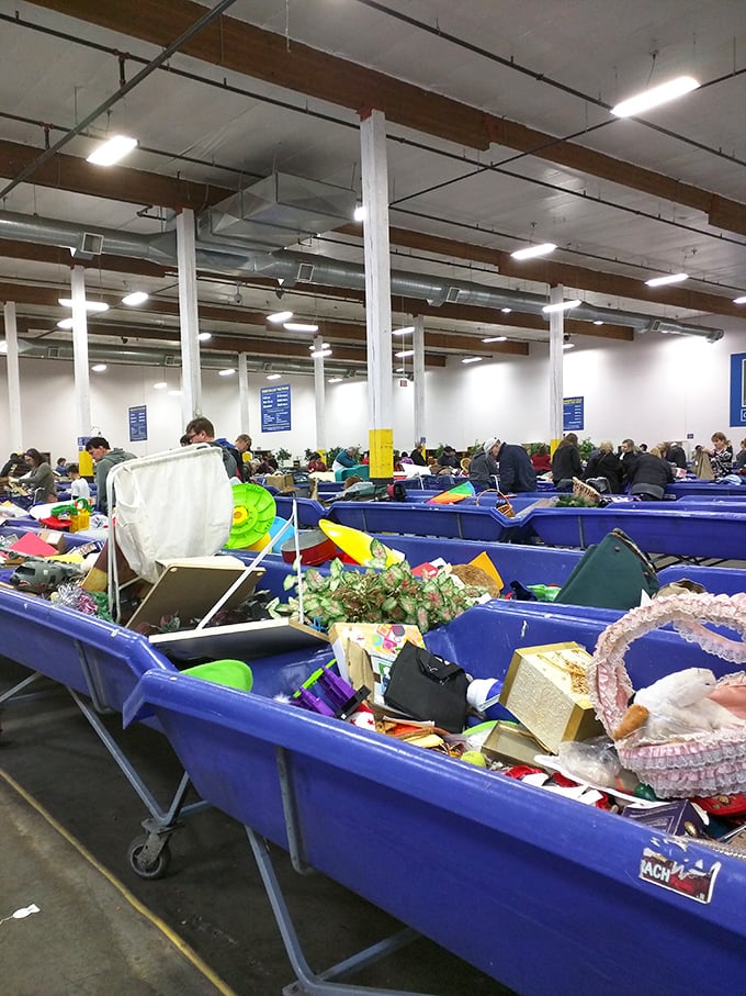 Blue bins of possibility! Where dedicated thrifters gather like prospectors, searching for that next amazing find.