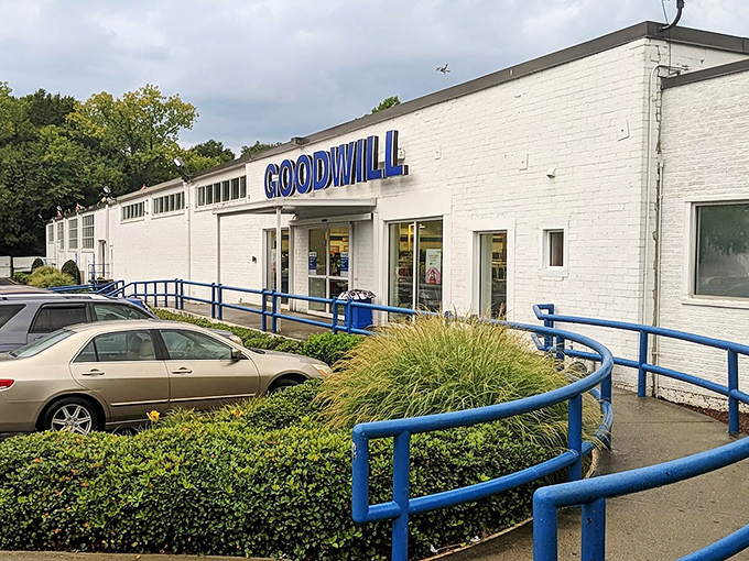 The blue-railed entrance to this Goodwill location welcomes a steady stream of donors and shoppers throughout the day.