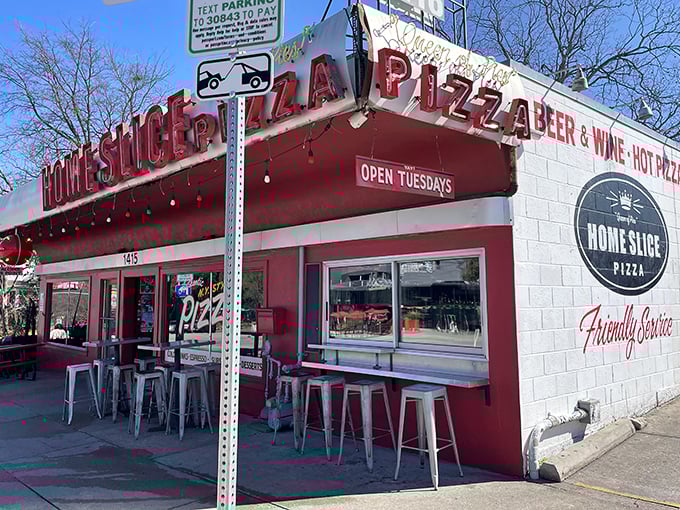 Those vintage-style letters and outdoor seating capture the laid-back Austin vibe perfectly - pizza included.