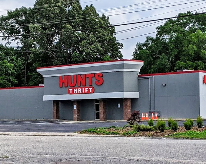 The newly renovated Hunt's Thrift exterior looks ready for business, with landscaping that says "We're here to stay."