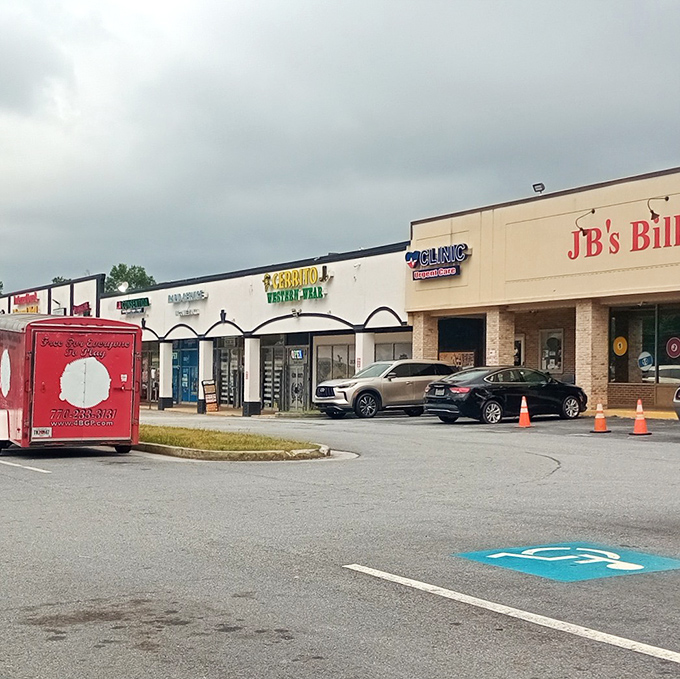 The strip mall setup keeps things simple - park once, shop everywhere, save big money.