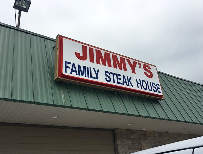 The sign says "Jimmy's Family Steak House" but might as well read "Home of Happy Carnivores." Simple, straightforward, spectacular.