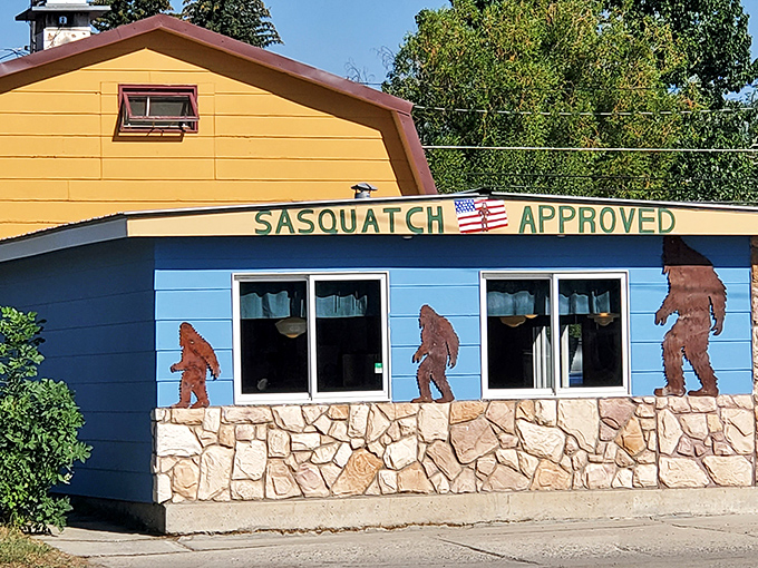 The blue exterior with Bigfoot silhouettes makes a bold promise: legendary food worth tracking down.