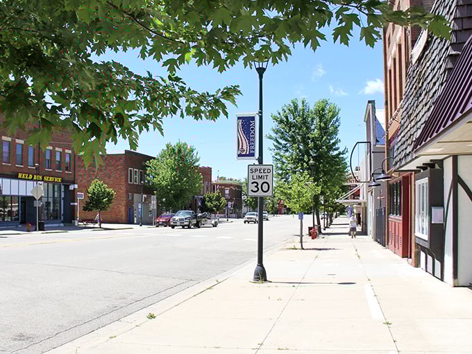 The blue corner building adds a splash of color to Kenyon's affordable downtown, where living costs won't leave you feeling blue.
