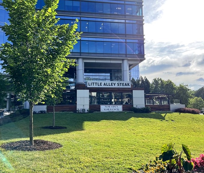 Modern meets traditional at Little Alley's Buckhead location. The "NOW OPEN FOR LUNCH" sign is basically a public service announcement!