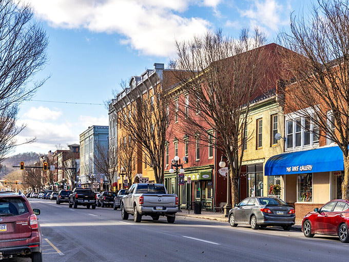 Winter's bare branches frame Lock Haven's colorful storefronts, where small-town prices let retirees live large without breaking the bank.